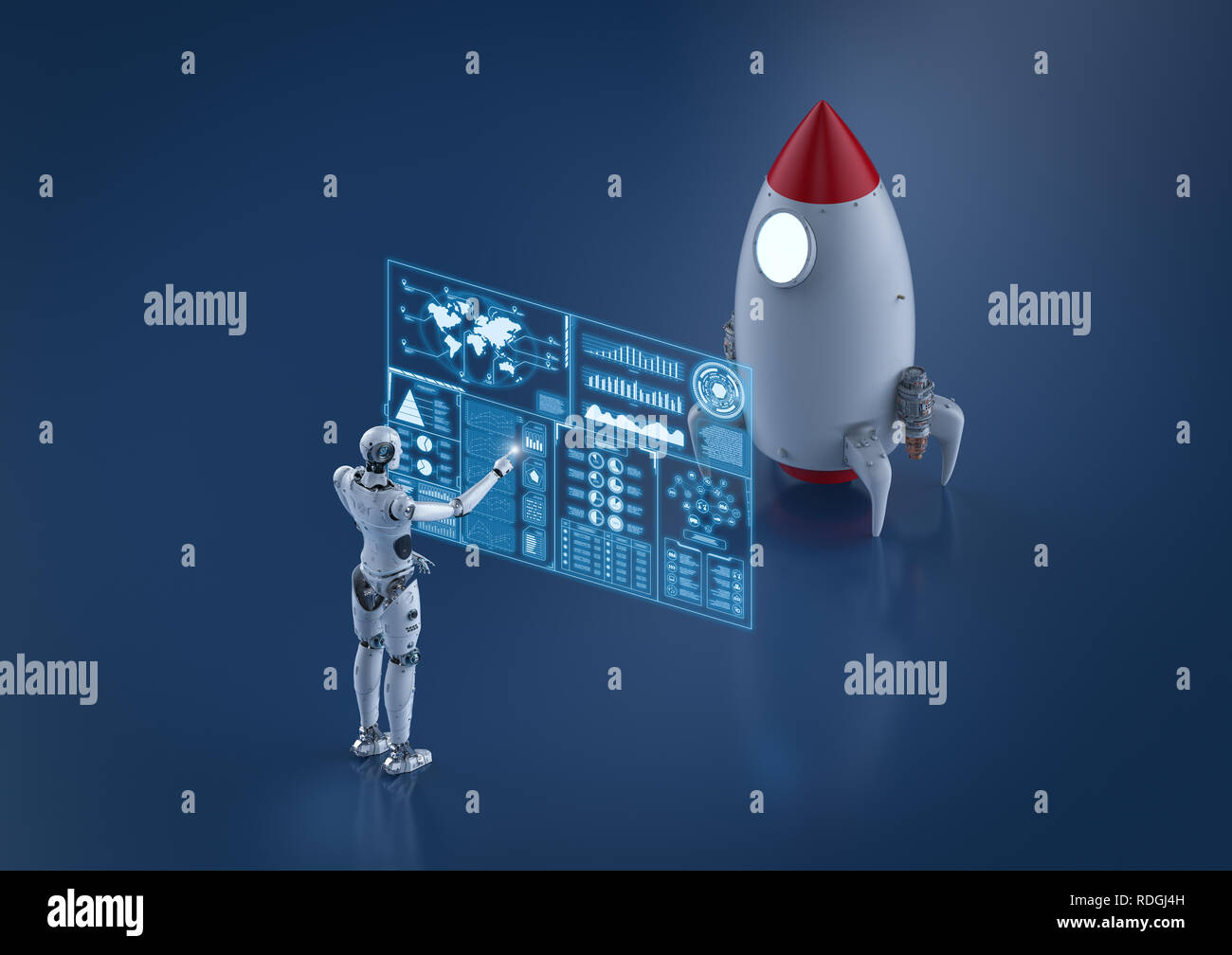 3d rendering humanoid robot with space shuttle and digital graphic ...