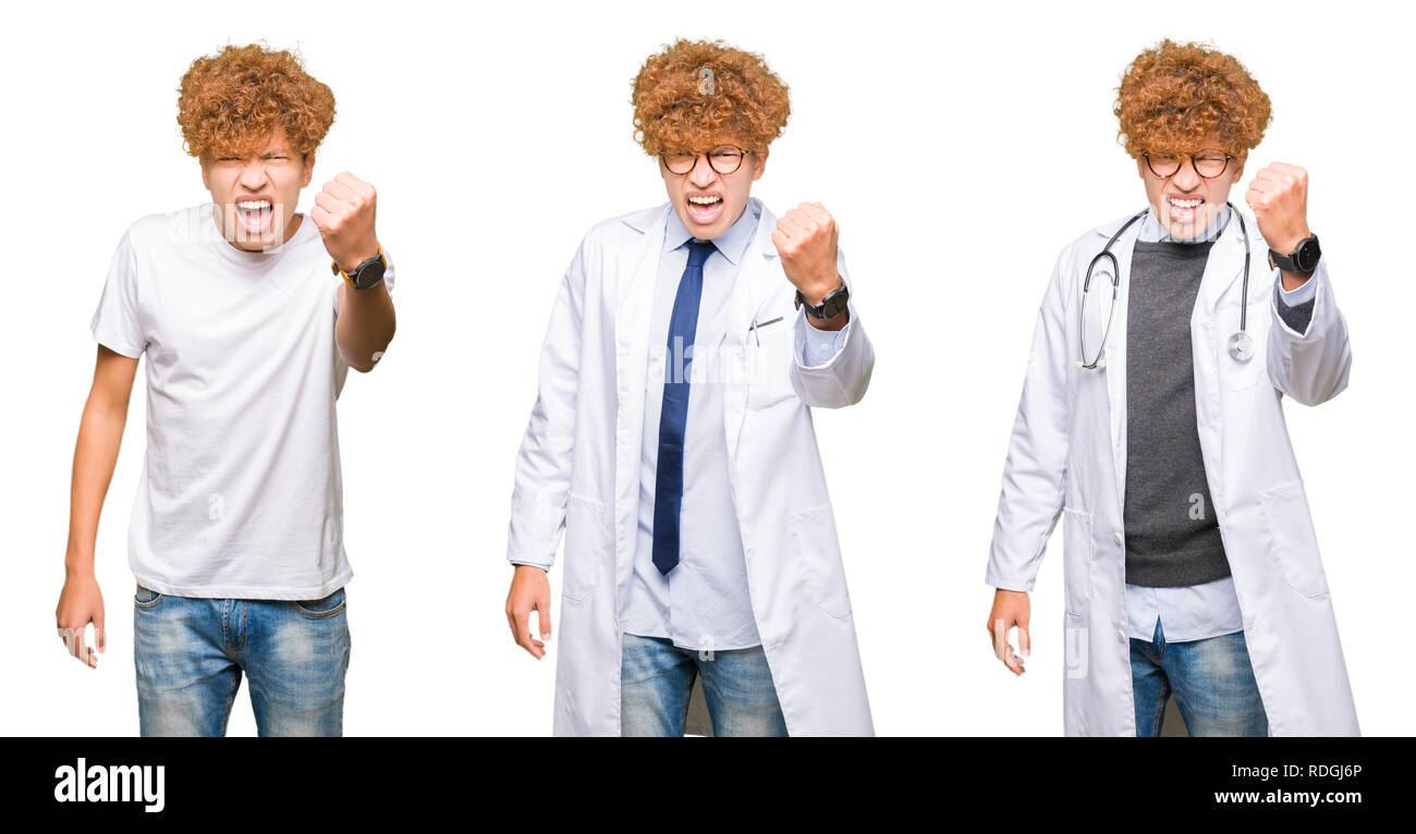 Collage of young doctor man wearing medical coat over isolated white ...