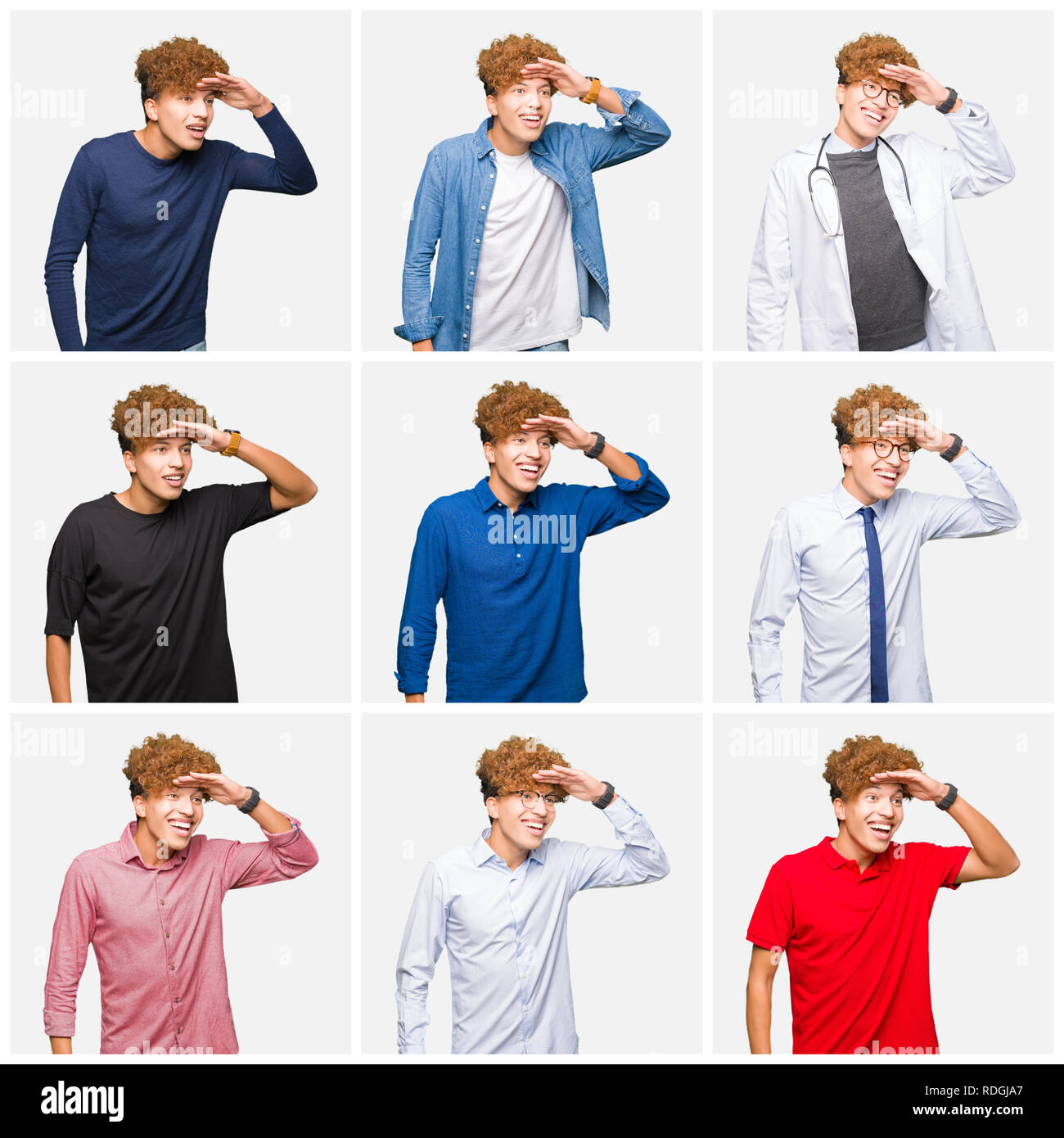 Collage of young man wearing different looks over isolated white ...