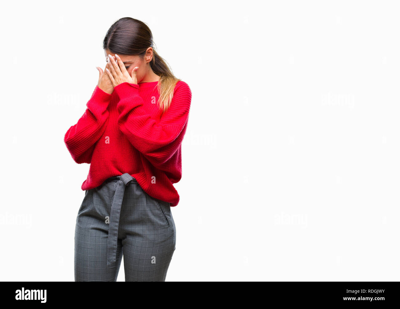 Young beautiful business woman wearing winter sweater over isolated ...