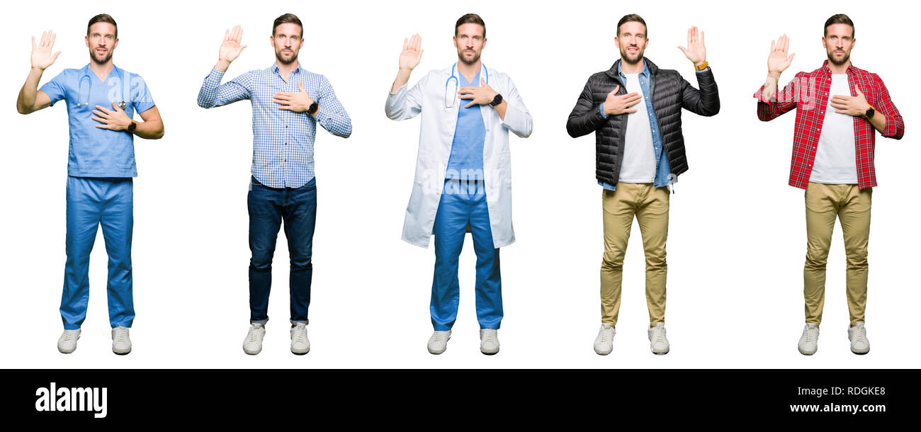 Collage of attractive young man over white isolated background Swearing ...