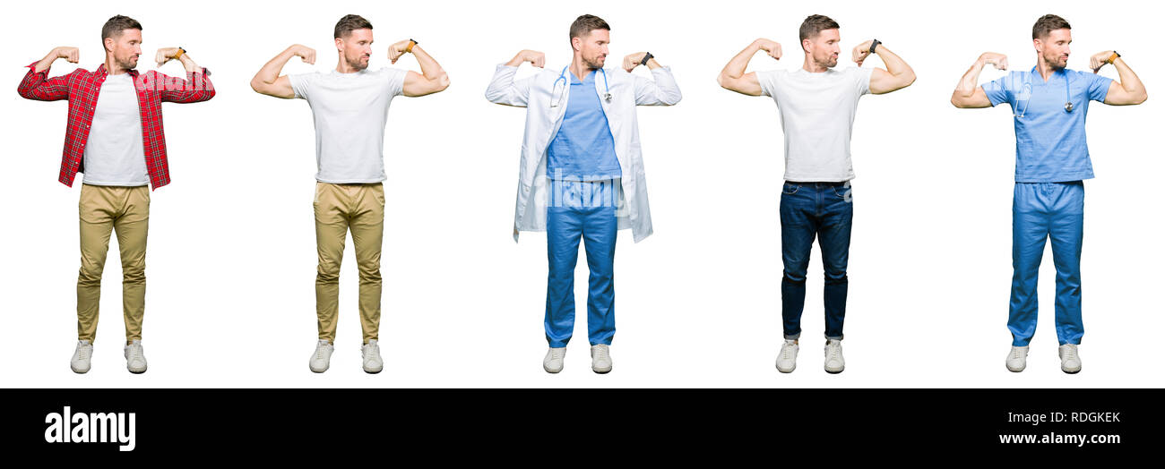 Collage of attractive young man over white isolated background showing ...