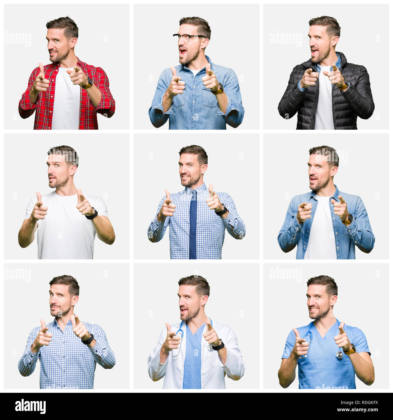 Collage of attractive young man over white isolated background pointing ...