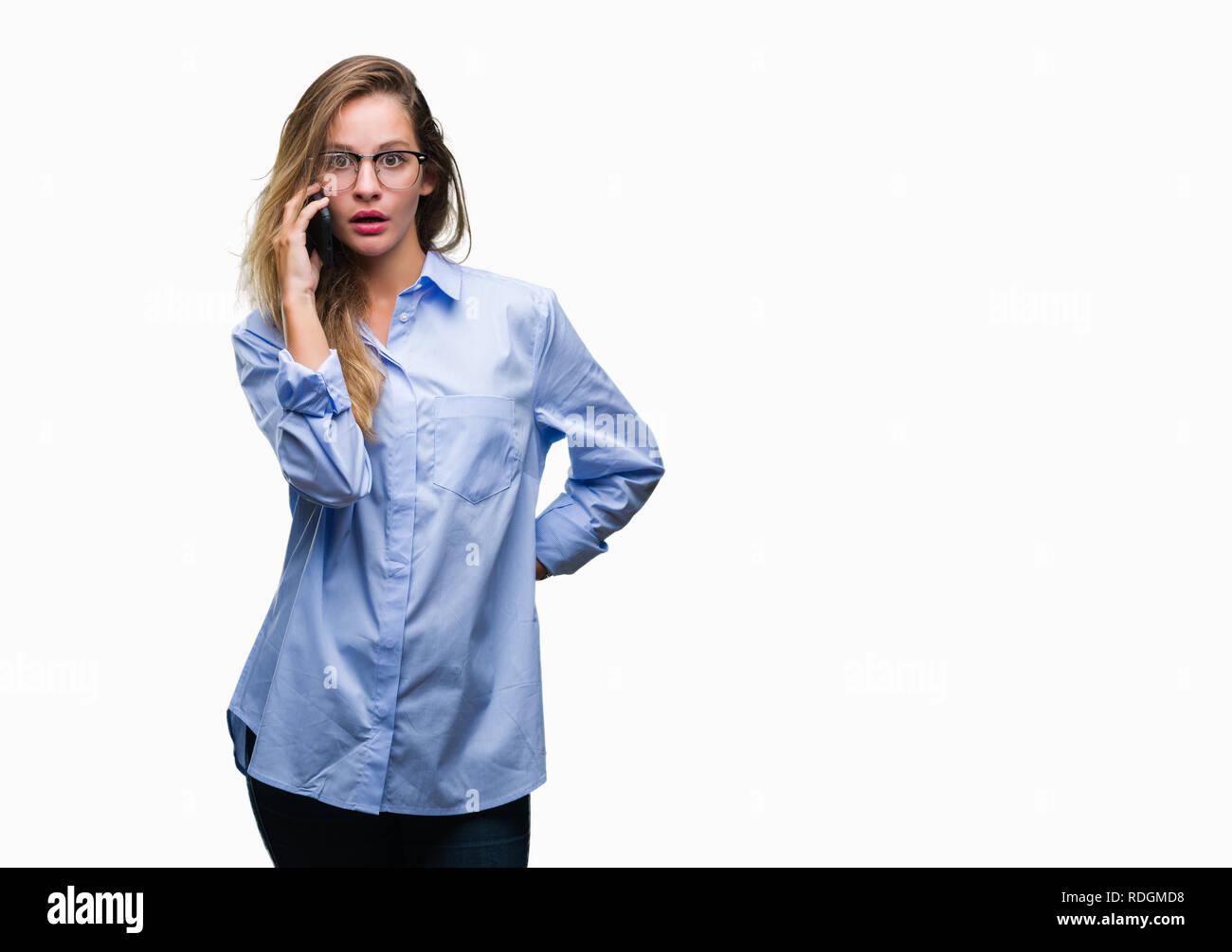 Young beautiful blonde business woman calling using smartphone over ...