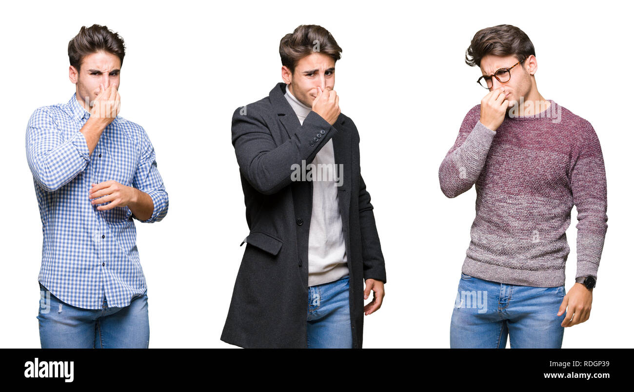 Collage of young handsome business man over isolated background ...