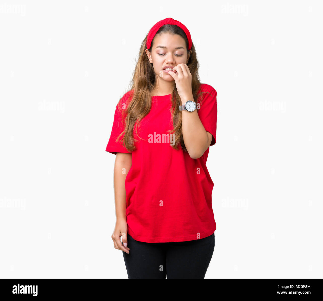 Young beautiful brunette woman wearing red t-shirt over isolated ...