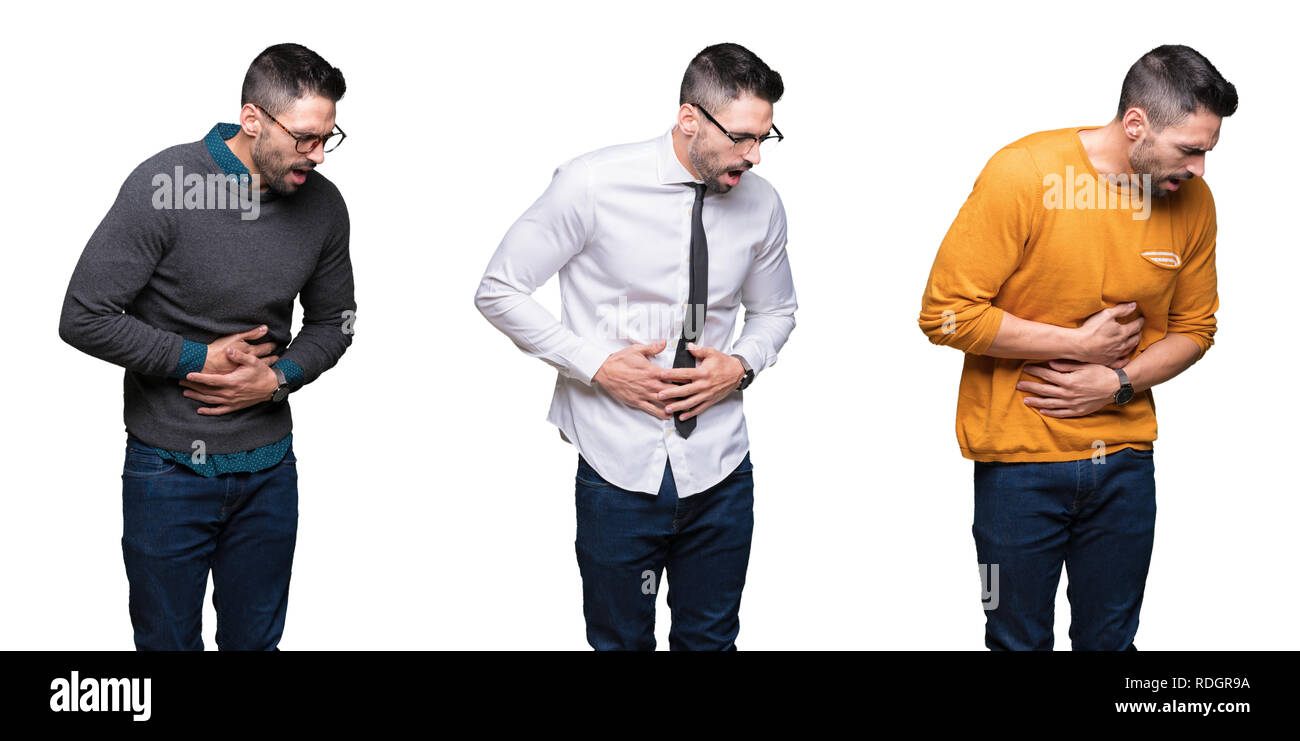 Collage of handsome man over white isolated background with hand on ...