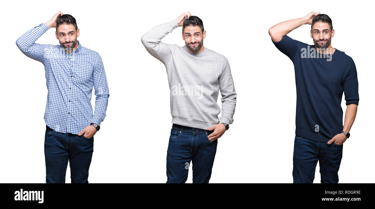 Collage of handsome business man over white isolated background confuse ...