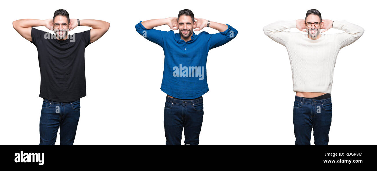 Collage of handsome man over white isolated background Relaxing and ...