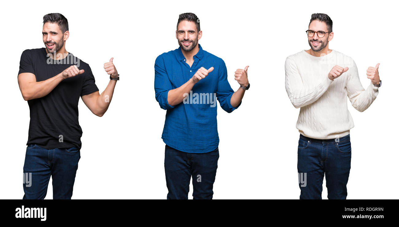 Collage of handsome man over white isolated background Pointing to the ...