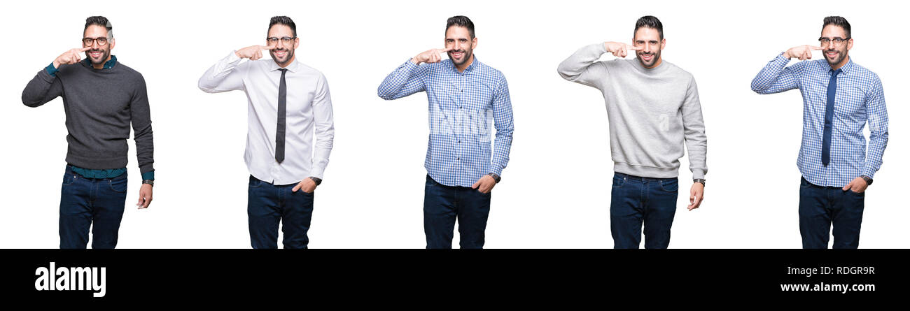 Collage of handsome business man over white isolated background ...