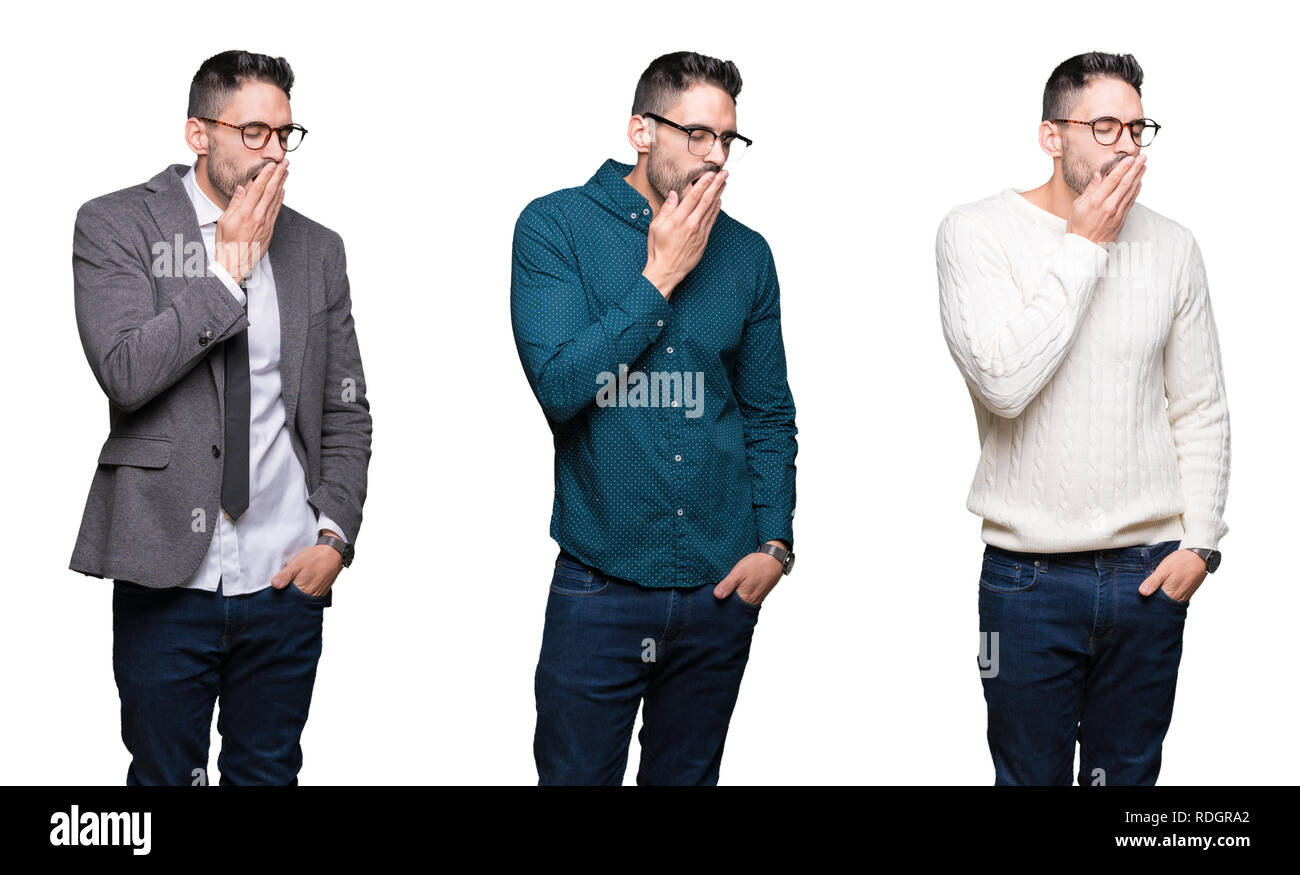 Collage of handsome business man over white isolated background bored ...