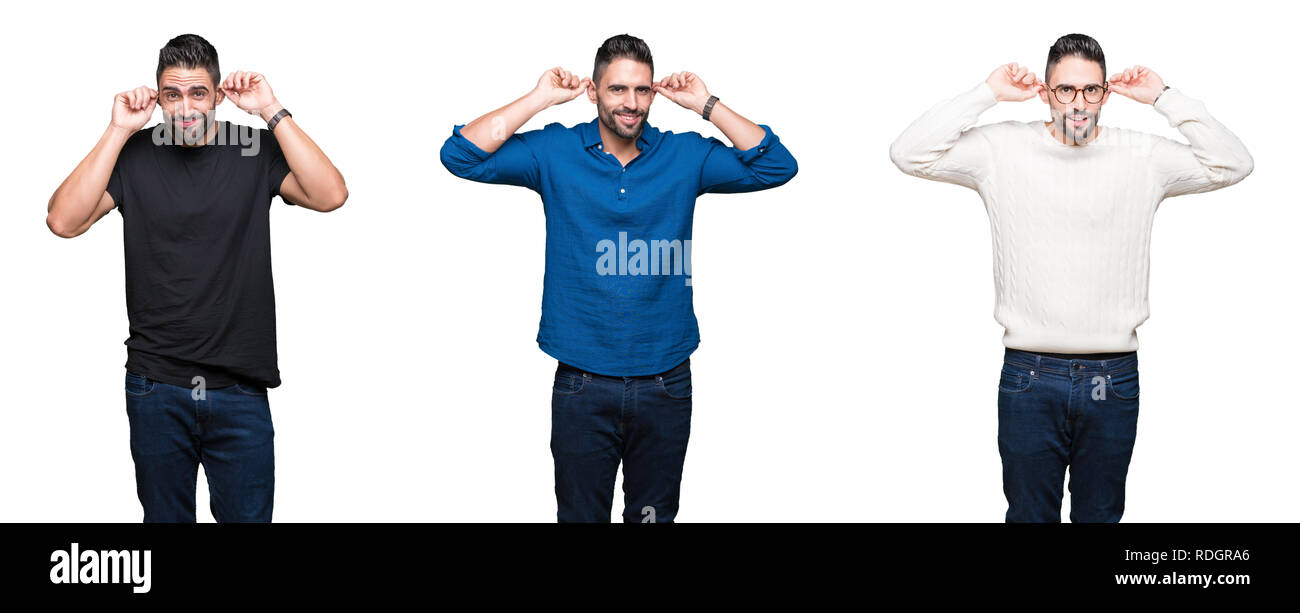 Collage of handsome man over white isolated background Smiling pulling ...