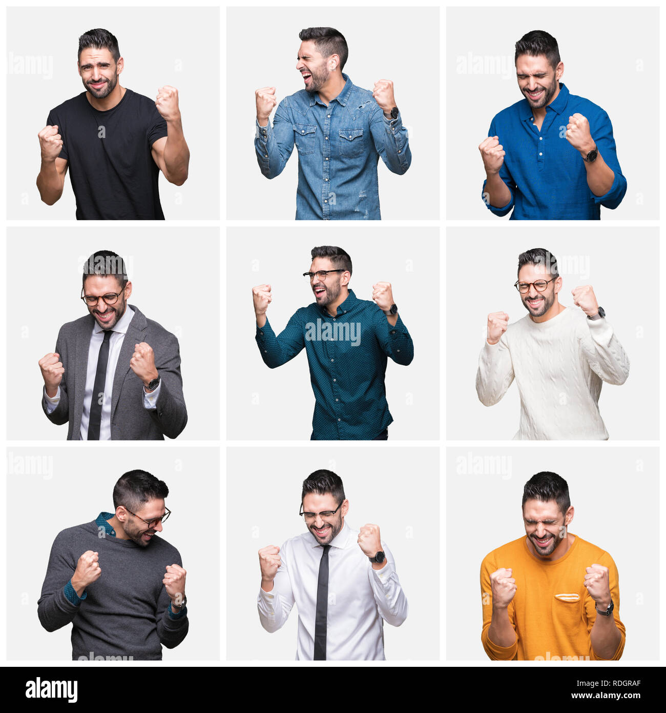 Collage of handsome man over isolated background very happy and excited ...