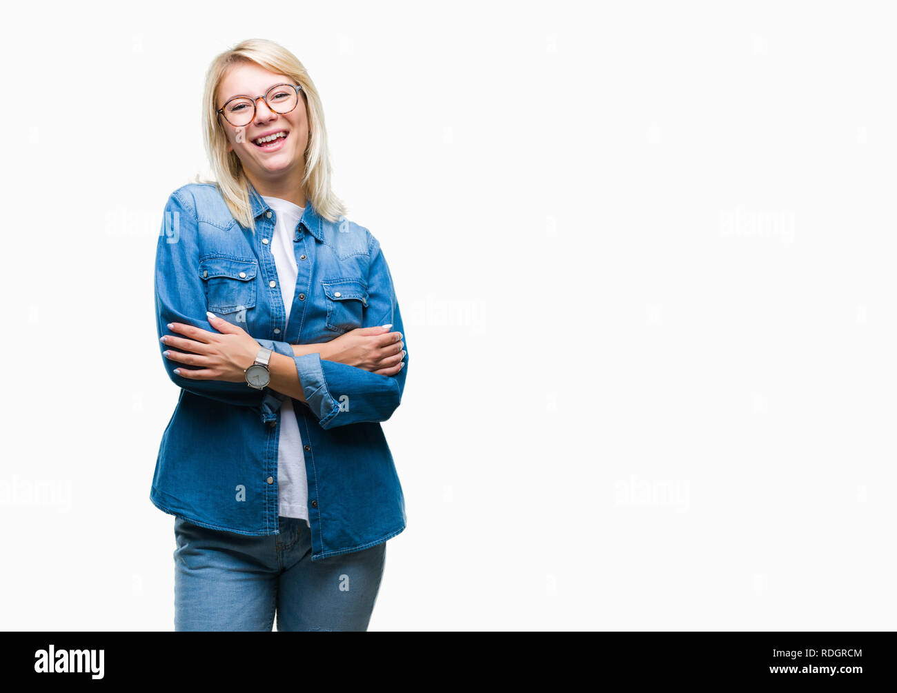 Young beautiful blonde woman wearing glasses over isolated background ...