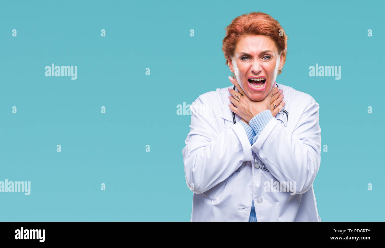 Senior caucasian doctor woman wearing medical uniform over isolated ...