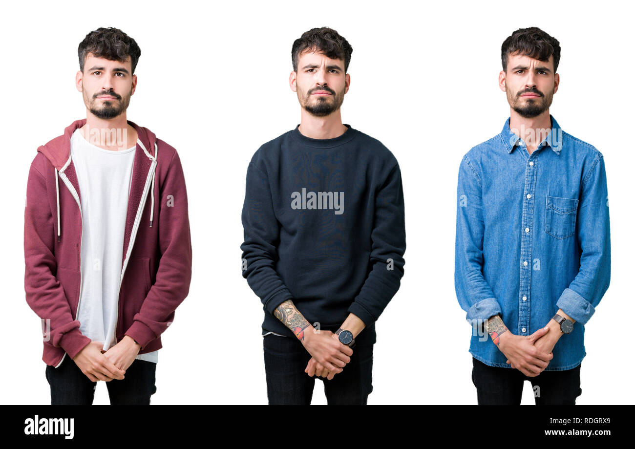 Collage of young man over isolated background depressed and worry for ...