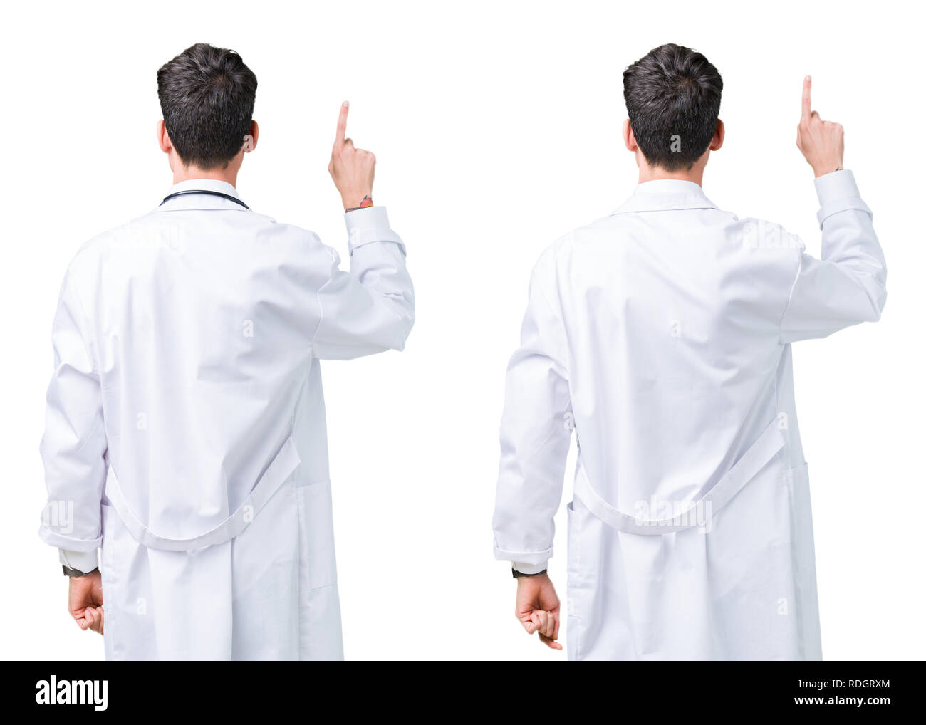 Collage of young doctor man wearing medical coat Posing backwards ...