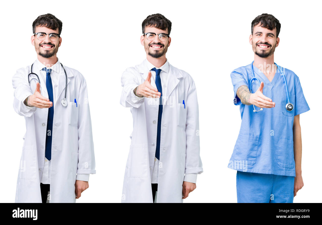 Collage of doctor man wearing medical coat over isolated background ...