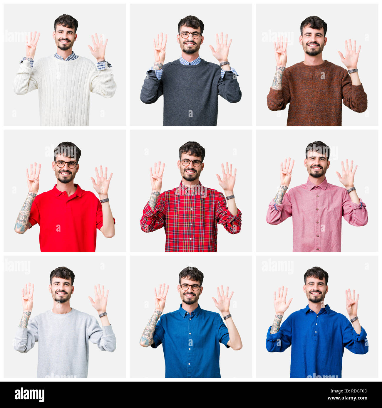 Collage of young man over isolated background showing and pointing up ...
