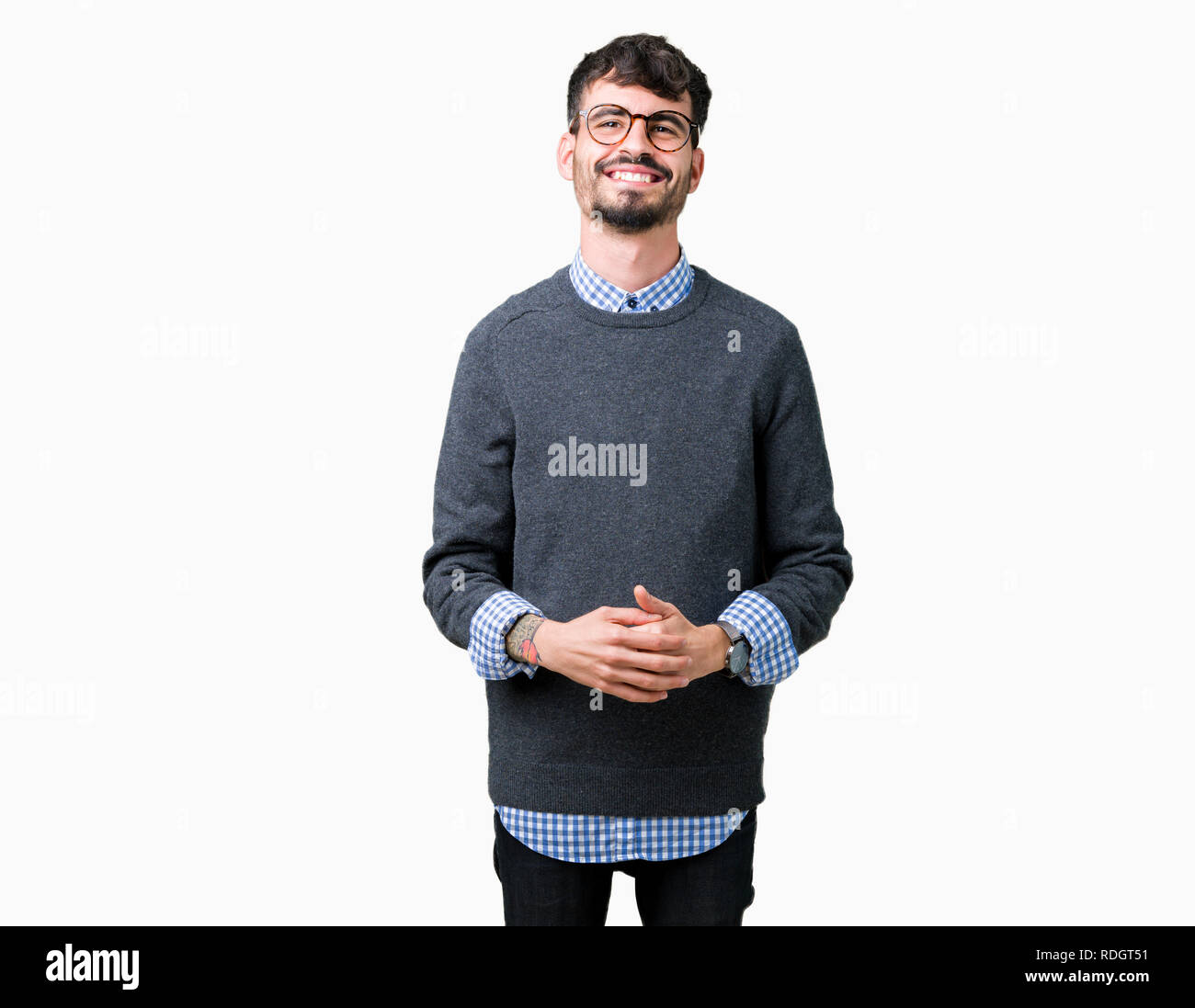 Young handsome smart man wearing glasses over isolated background Hands ...