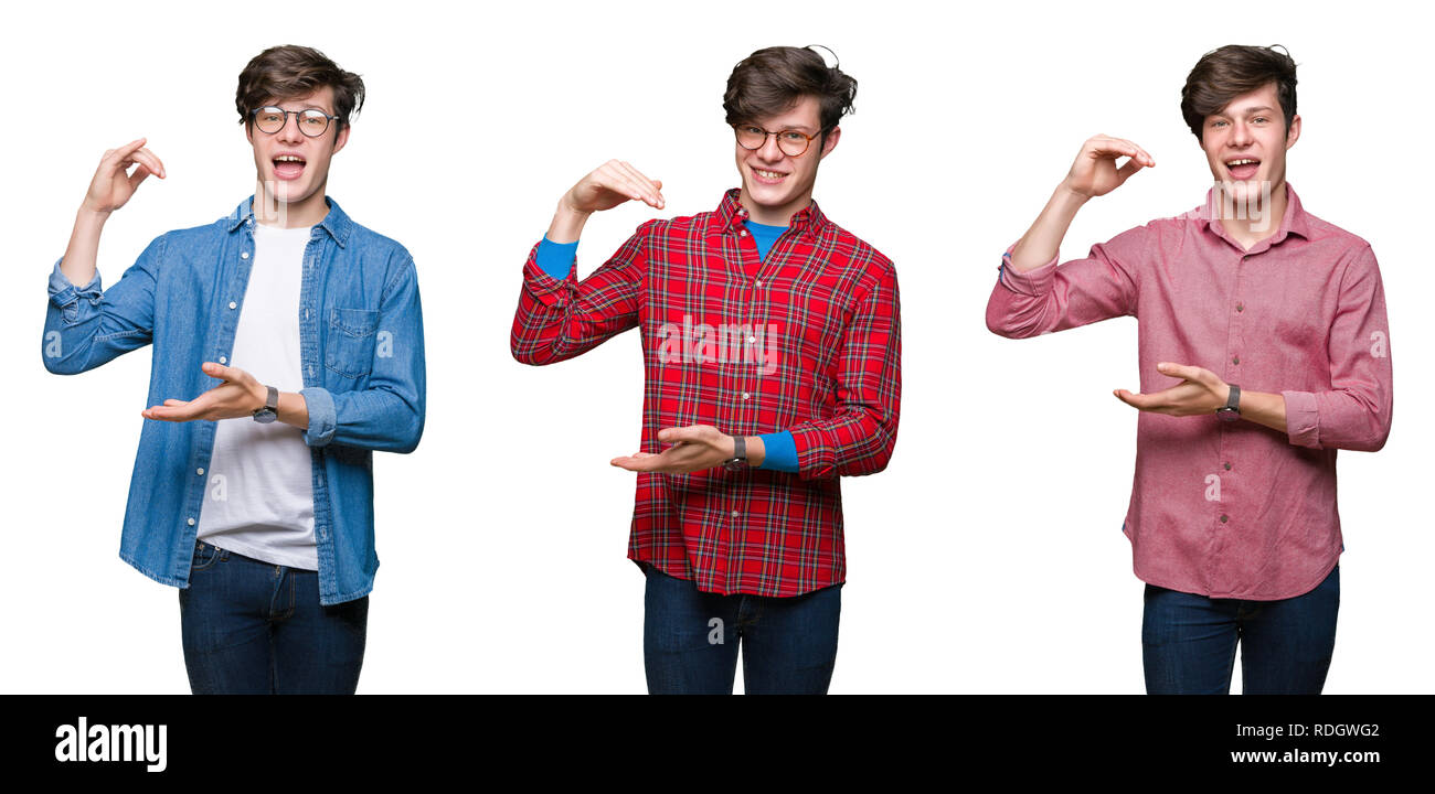 Collage of young man over white isolated background gesturing with ...