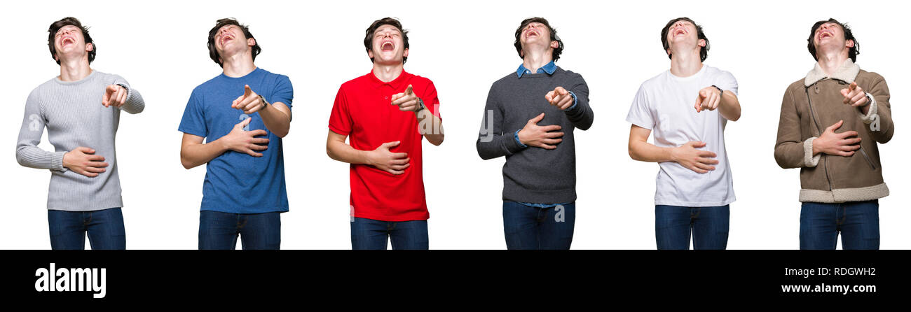 Collage of young man over white isolated background Laughing of you ...