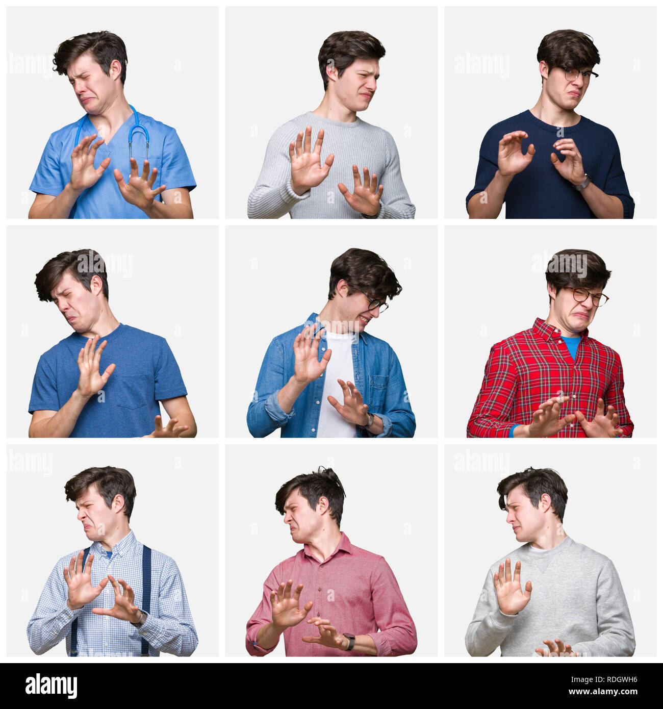 Collage of young man over white isolated background disgusted ...