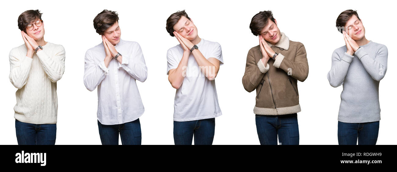 Collage of young man over white isolated background sleeping tired ...