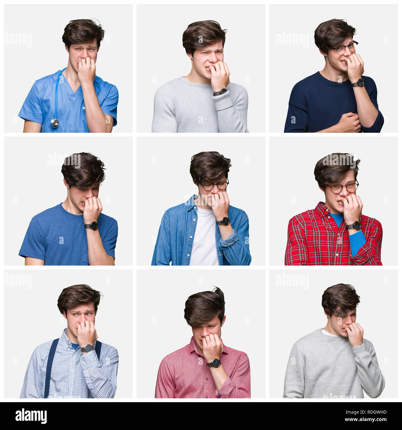 Collage of young man over white isolated background looking stressed ...