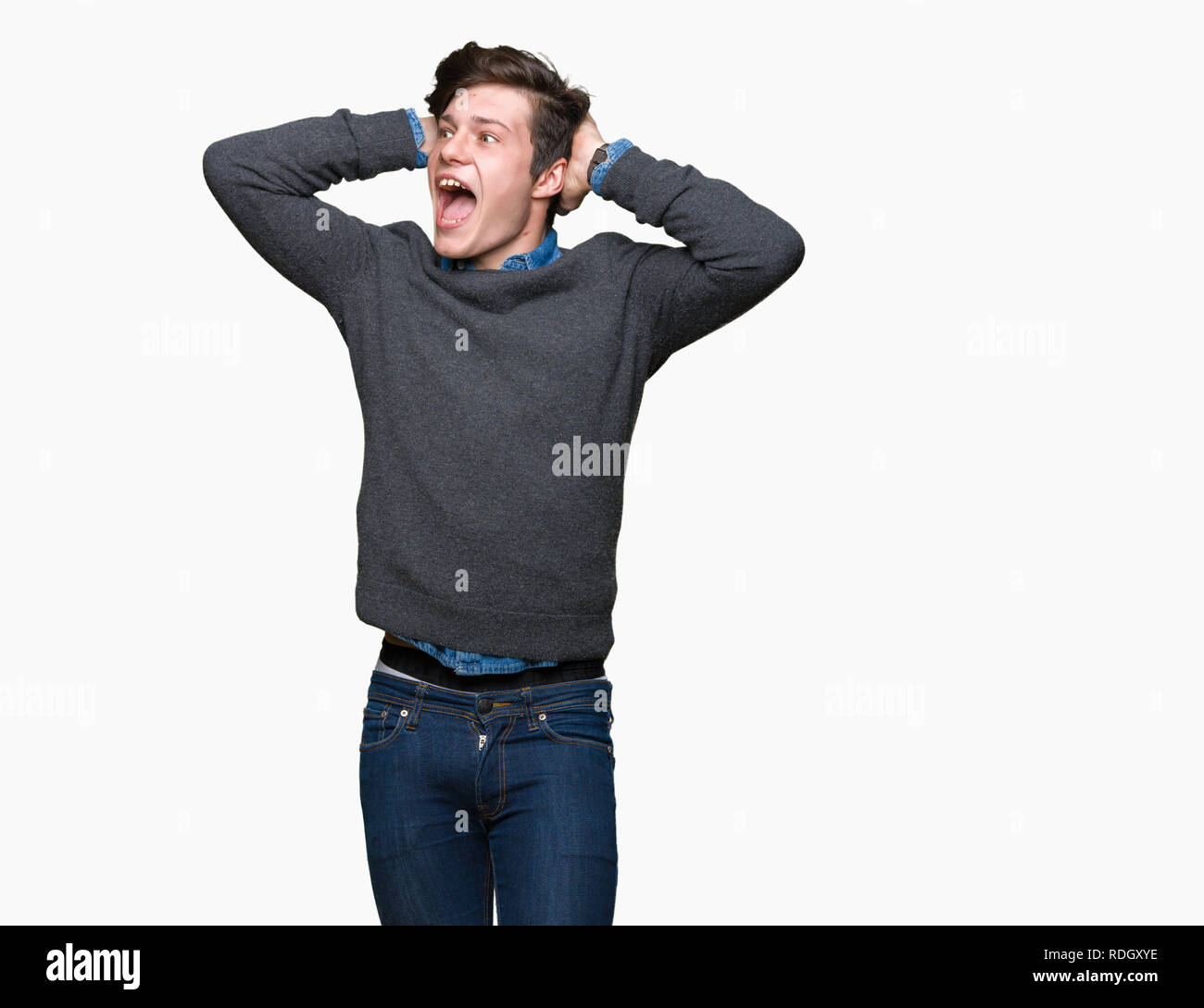 Young handsome elegant man over isolated background Crazy and scared ...