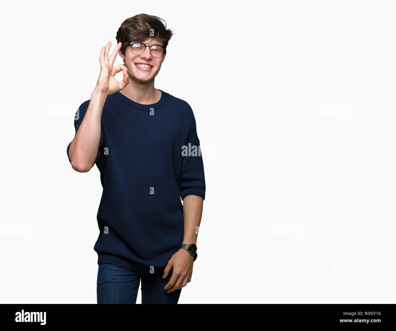 Young handsome man wearing glasses over isolated background smiling ...