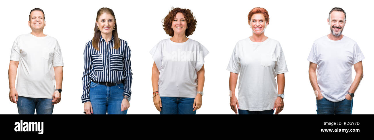 Collage of group of senior people over isolated background with a happy ...