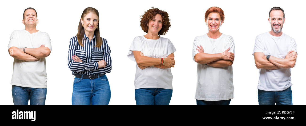 Collage of group of senior people over isolated background happy face ...