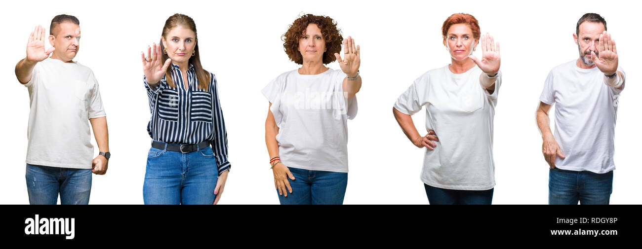 Collage of group of senior people over isolated background doing stop ...