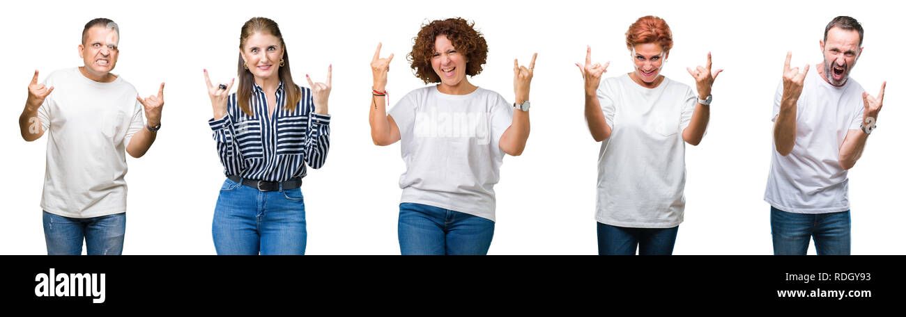 Collage of group of senior people over isolated background shouting ...