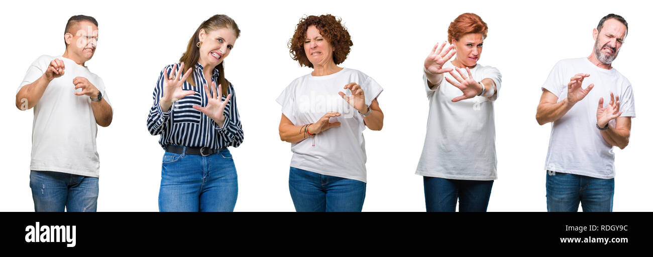Collage of group of senior people over isolated background disgusted ...