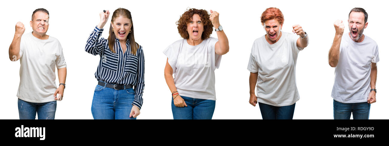 Collage of group of senior people over isolated background angry and ...