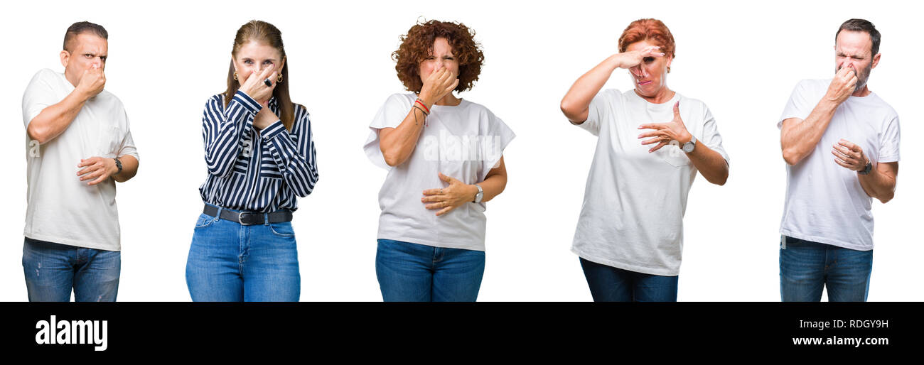 Collage of group of senior people over isolated background smelling ...