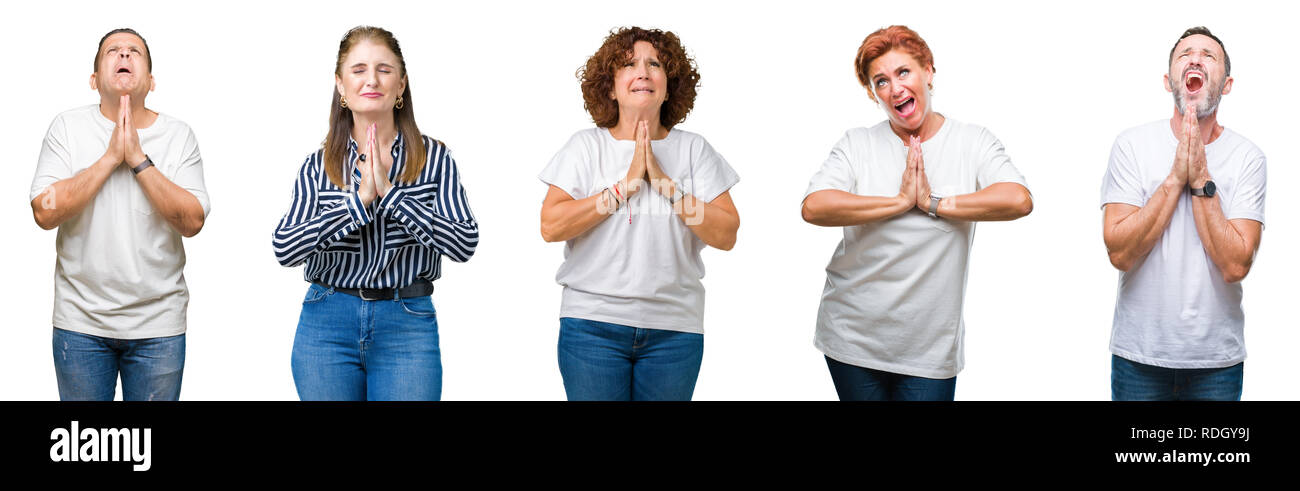 Collage of group of senior people over isolated background begging and ...