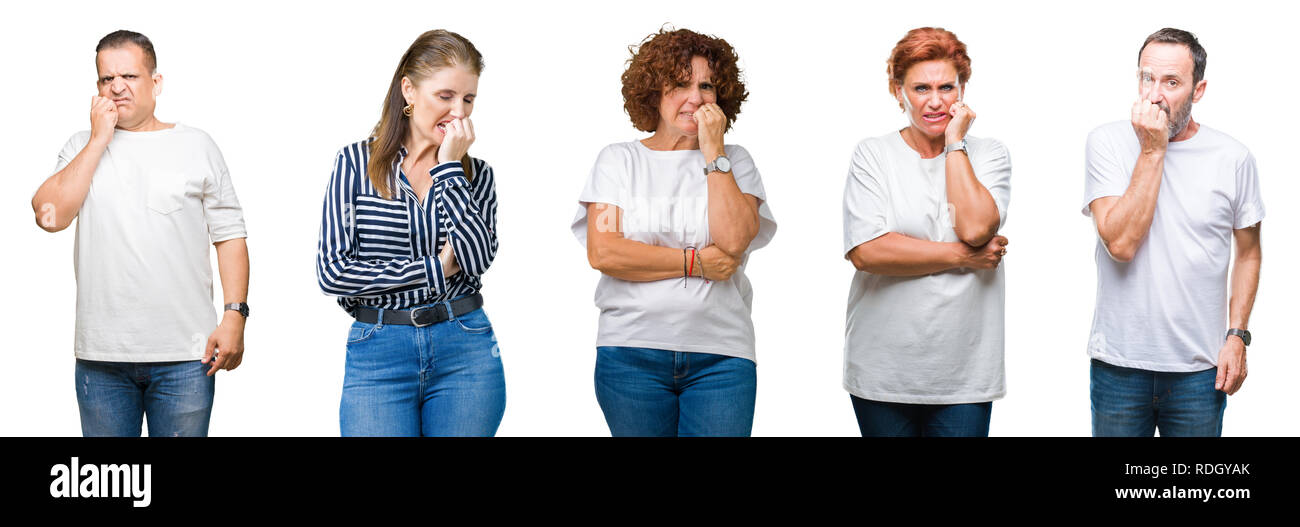 Collage of group of senior people over isolated background looking ...