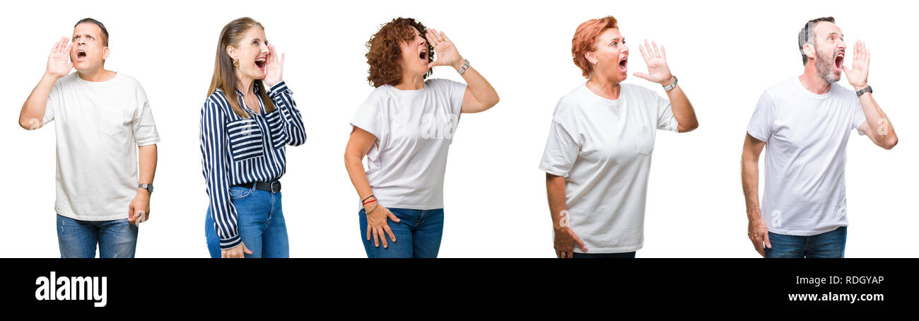 Collage of group of senior people over isolated background shouting and ...