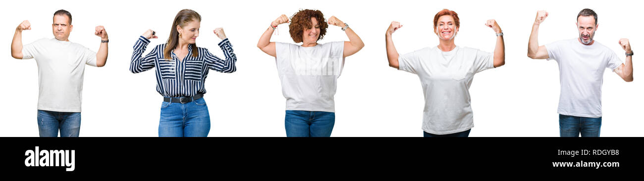 Collage of group of senior people over isolated background showing arms ...