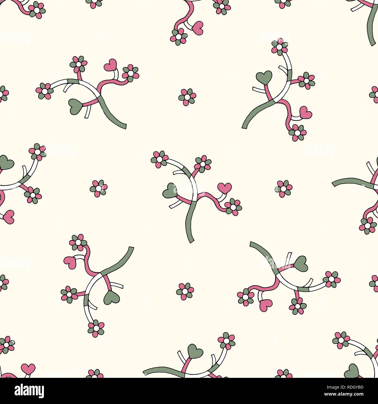 Abstract branches with hearts and flowers hand drawn vector seamless ...