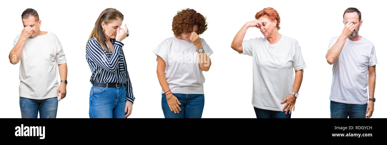 Collage of group of senior people over isolated background tired ...
