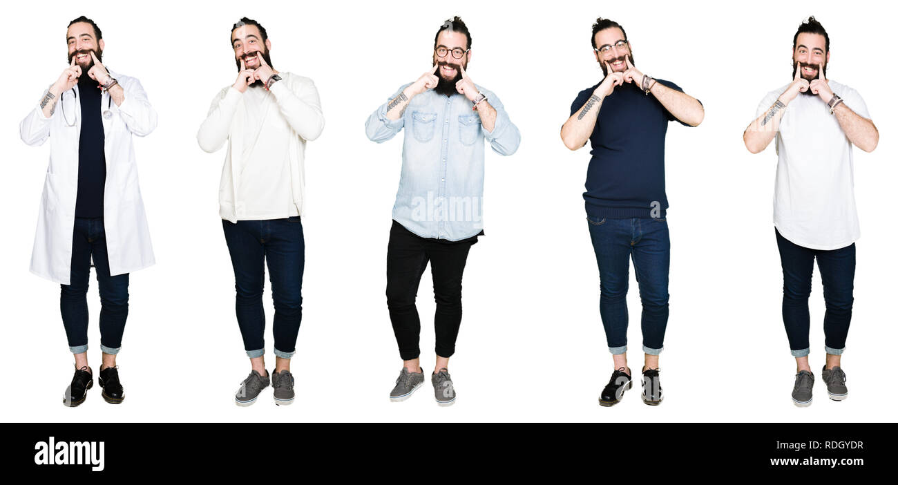 Collage of young man with beard and long hair over white isolated ...