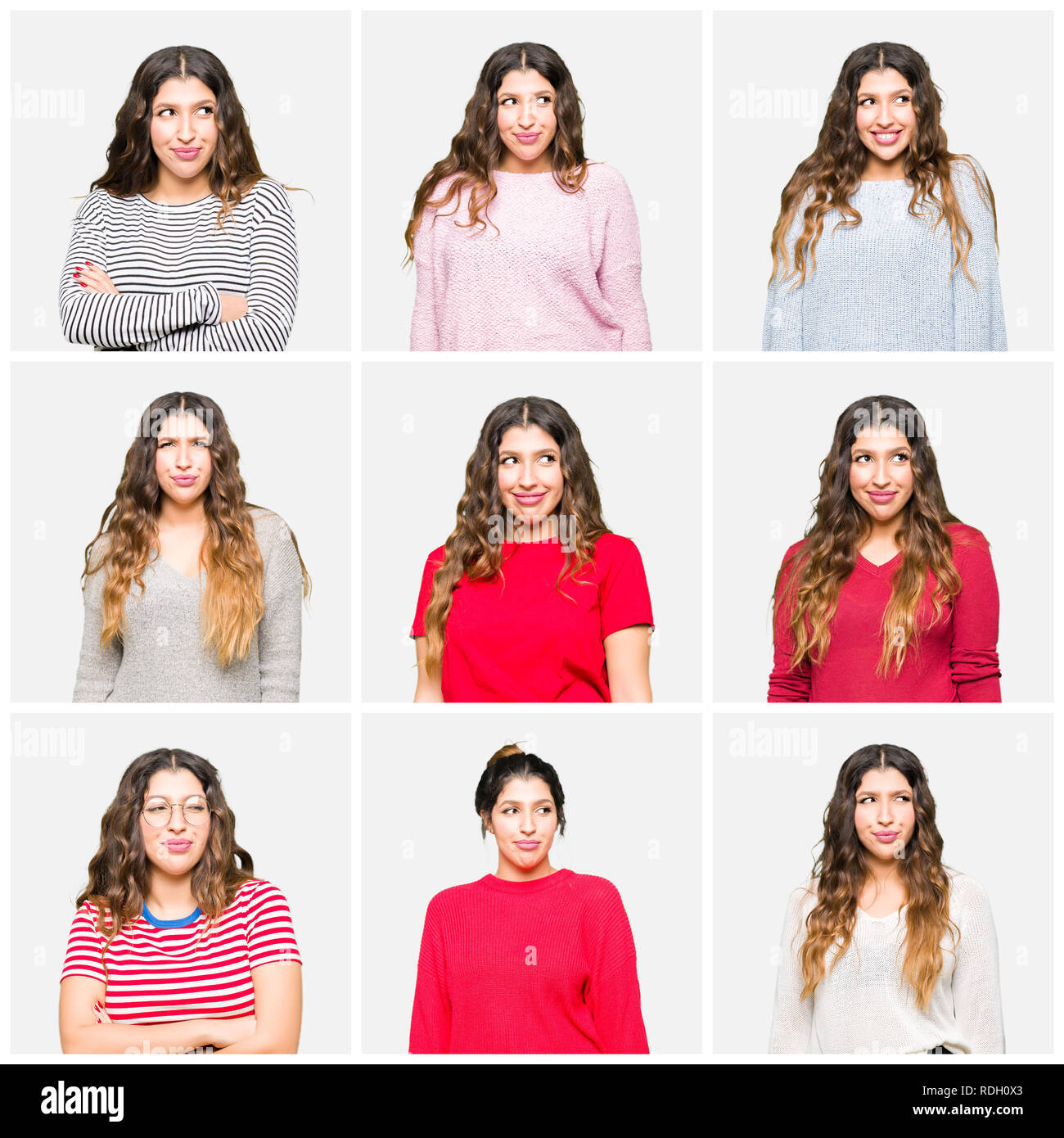 Collage of beautiful young woman wearing different looks over white ...