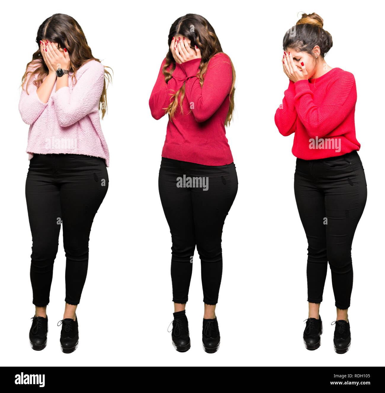 Collage of beautiful young woman over white isolated background with ...