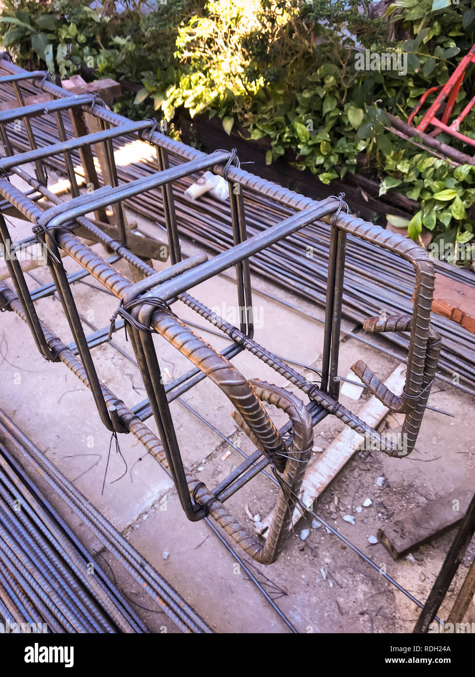 Thick double construction steel for building foundation Stock Photo - Alamy