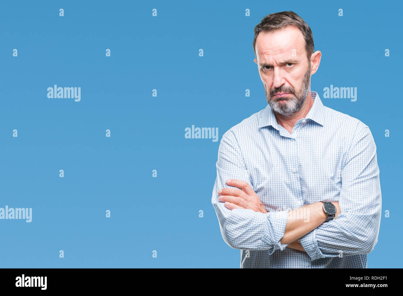 Middle age hoary senior business man over isolated background skeptic ...